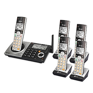 AT&T CL83507 DECT 6.0 5-Handset Cordless Phone for Home with Dual Keypad Base, Answering Machine, Call Blocking, Caller ID Announcer, Intercom and Long Range, Silver/Black