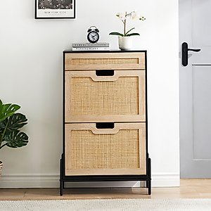 IDEALHOUSE Natural Rattan 2 Flip Door with 1 Drawer Shoe Cabinet Organizer Freestanding, Shoe Rack Storage Cabinet for Entryway with 3-Tier Adjustable Shelves for Slippers, Sneakers, Heels, Boots