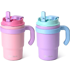 Fimibuke 16oz Kids Insulated Tumbler with Handle & Straws - 2 Pack BPA FREE 18/8 Stainless Steel Toddler Cups with Sip/Swig 2-in-1 Lids, Leak Proof Kid Drinking Cup Travel Mugs for Children Boys Girls