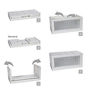 livinbox 45L collapsible storage bins with door, comic books container, dust-proof stack-able folding box for Home Office Bedroom Dorm Toys Bedding, white & transparent, FB-6432S-WTTR