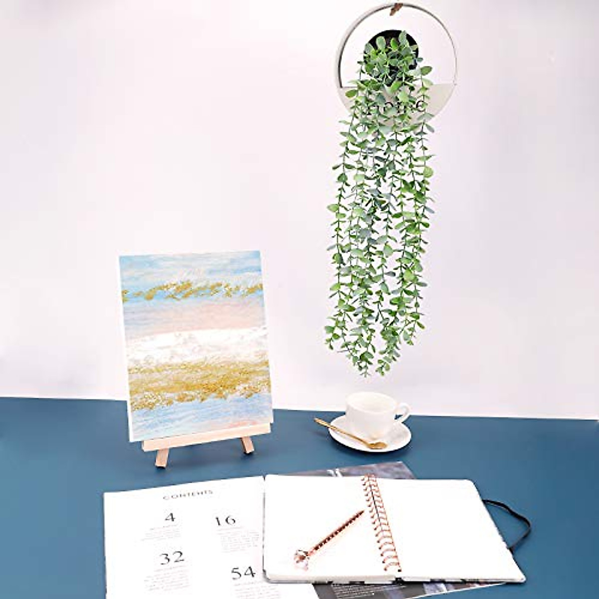 FUNARTY 3 Pack Fake Plants Decor Small Artificial Hanging Plants Fake Eucalyptus Plants Faux Greenery Vine Plants in Pot for Home Indoor Outdoor Décor