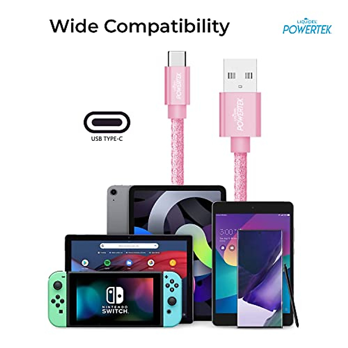 LIQUIPEL USB Type C Cable 6ft, USB A 2.0 to USB-C Fast Charger Extra Long Durable, Glitter Cables (Pink)