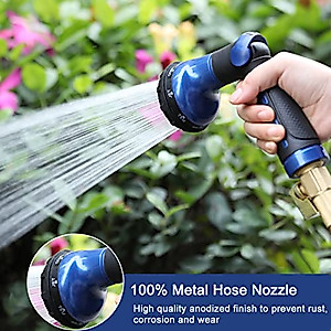 FANHAO Garden Hose Nozzle 100% Heavy Duty Metal Water Hose Sprayer with 8 Spray Patterns, High Pressure Spray Nozzle with Thumb Control, On Off Valve for Watering Plants, Washing Cars & Pets, Blue