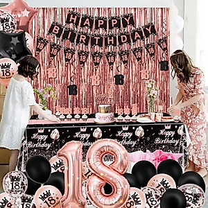 18th Black and Rose Gold Party Decorations - Happy Birthday Banner, Pennant, Birthday Balloons, Fringe Curtains, Tablecloth, Cake Topper, Hanging Swirls 18th Birthday Decorations for Girls Princess