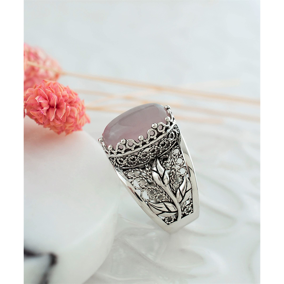 Filigranist 925 Sterling Silver Filigree Art Lace Embroidery Tulip Detailed Women Cocktail Ring with Rose Quartz Gemstone, Luxurious Gift Packed (Rose Quartz, 8)