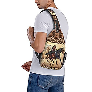Horse Pattern Sling Bag Crossbody Backpack,Aztec Boho Ethnic Style Western Horse Chest Bag Three Horses Run In Desert Sandstorm Adjustable Shoulder Backpack Travel Hiking Casual Daypack For Men Women