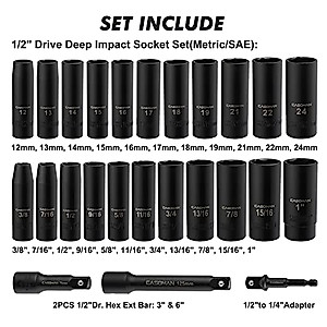 CASOMAN 25PCS 1/2" Drive Impact Socket Set, Deep, Cr-V Steel, 6 Point, Metric&SAE, 12mm to 24mm, 3/8 Inch to 1 Inch, Includes Extension Bars: 3-inch, 5-inch, 1/2-1/4 adapter