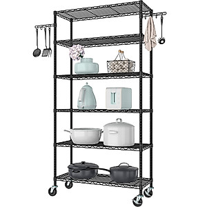 Folews 6-Tier Wire Shelving Unit with Wheels, Metal Storage Shelves Adjustable Layer Storage Rack Organizer Steel Utility Rolling Shelf for Home Kitchen Garage Pantry, Black(14D x 36W x 75H)