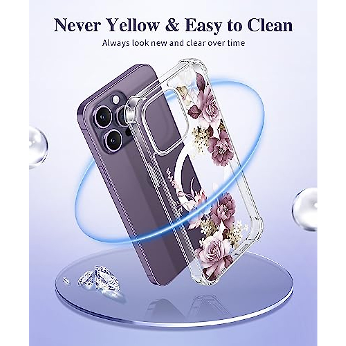 GVIEWIN for iPhone 14 ProMax Case Compatible with MagSafe, [Screen Protector + Camera Lens Protector] [MIL-Grade Protection] Magnetic Floral Clear Shockproof Women Phone Case for 14 Pro Max(Purple)