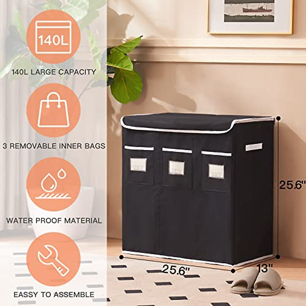 TECHMILLY 3 Section Large Laundry Basket, 140L Laundry Hamper with Lid，Waterproof Durable Clothes Hamper with 4 Removable Bags and 3 labels for Bathroom, Bedroom, Dorm, (Black)