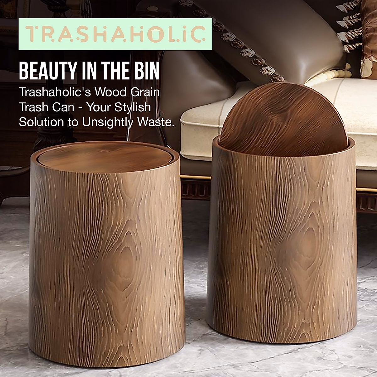 8L Trash Can with Lid - 2.1-Gallon Walnut Brown Wood Grain Bathroom Garbage Can with Swing Top Lid - Minimalist Diaper Trash Can w Removable Interior Waste Bucket - Dustbin for Office, Bedroom