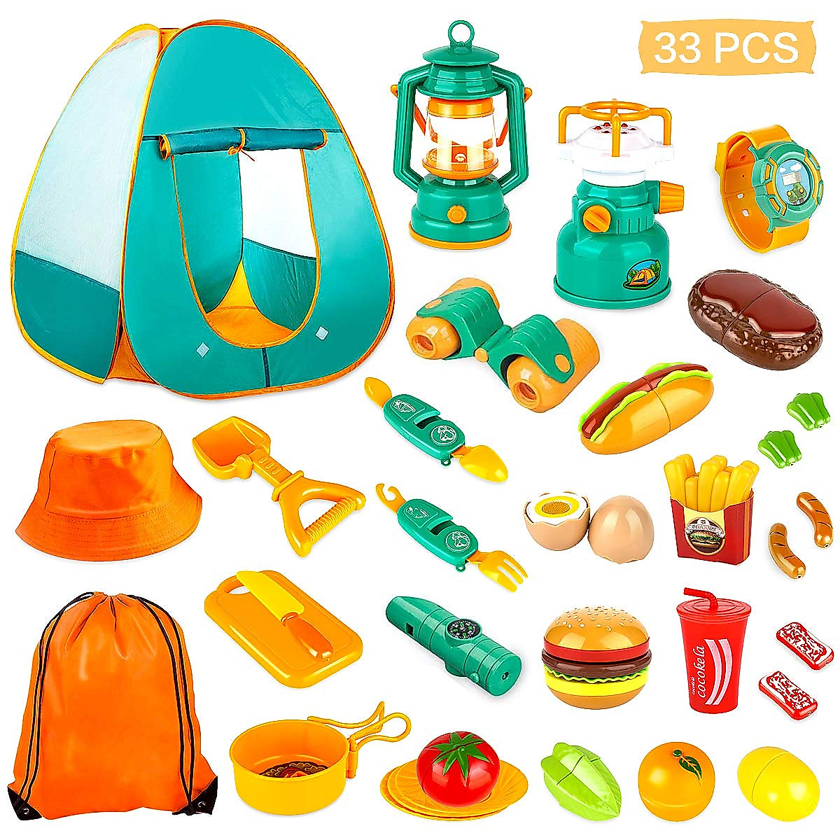 KAQINU Kids Camping Set, 33 PCS Pop Up Play Tent with Kids Camping Gear Toys, Indoor and Outdoor Camping Tools Pretend Play Set for Toddler Boys & Girls -