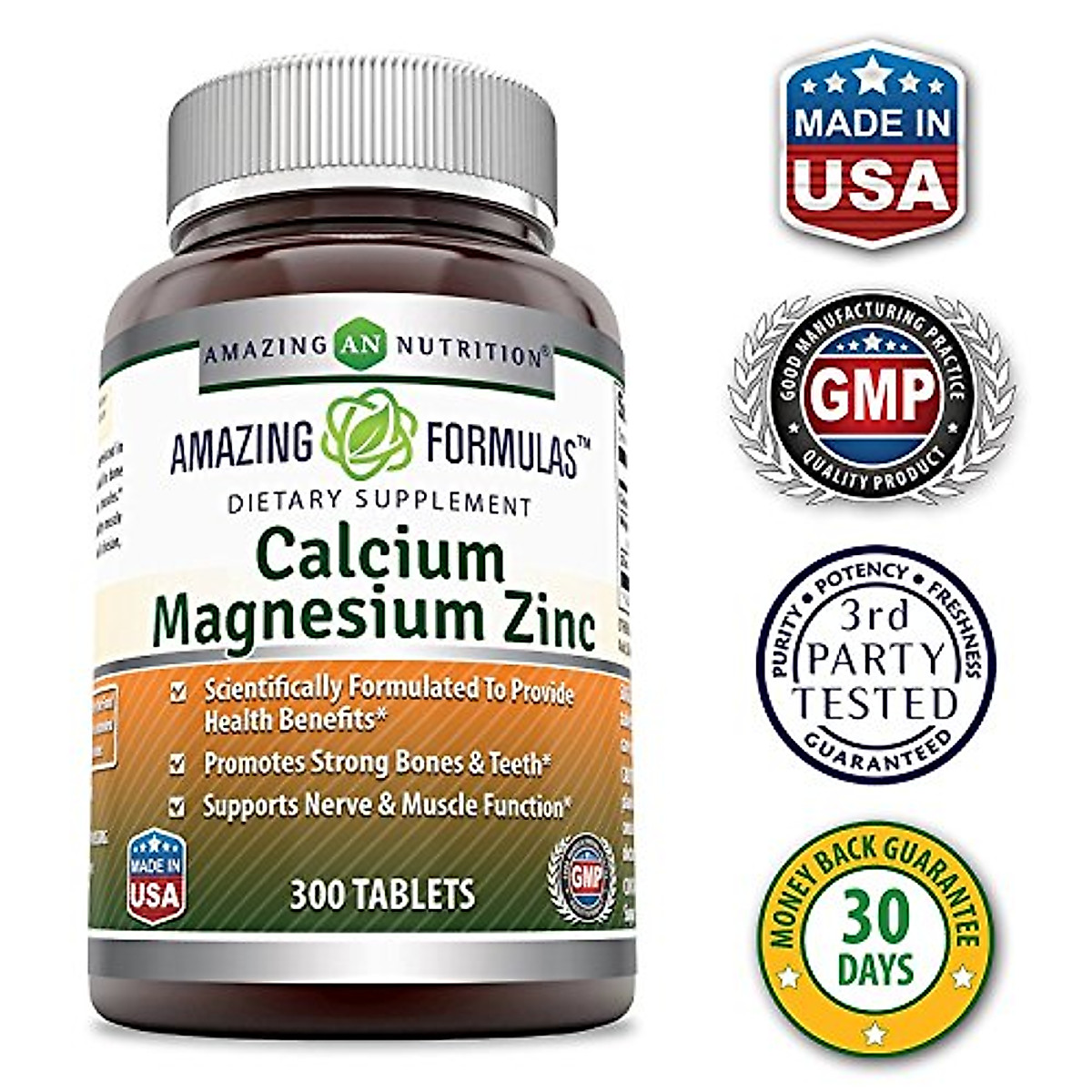 Amazing Nutrition Calcium Magnesium Zinc Dietary Supplement * 300 Tablets Per Bottle * (Calcium- 1000 mg, Magnesium 400mg - Zinc 25mg Per Serving of 3 Tablets)
