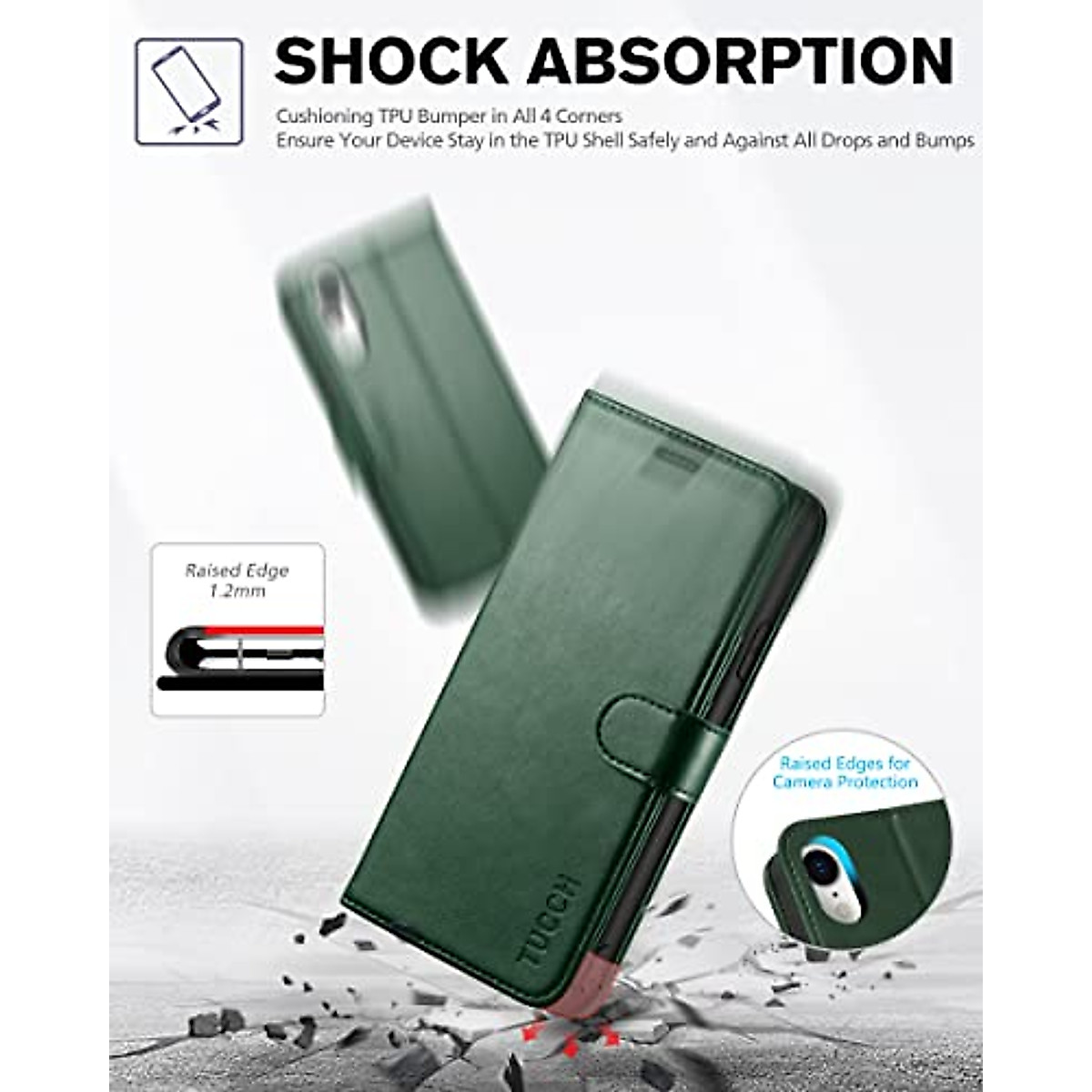 TUCCH Case Wallet for iPhone XR, Stand PU Leather Folio RFID Blocking Credit Card Slot [Wireless Charging] Flip Phone Cover TPU Shockproof Interior Case Compatible with iPhone XR 6.1, Midnight Green
