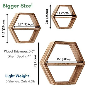 IZB HOME Hexagon Shelves Honeycomb Shelves - Hexagon Floating Shelves Set of 3 Hexagon Shelf, 3 Movable Mid Plates Included - Natural Wood Color