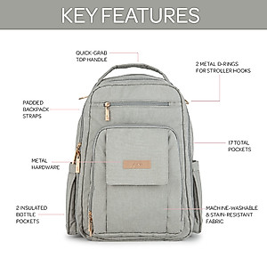 JuJuBe Diaper Bag, Travel Backpack with Portable Changing Pad, Stroller Hooks & Pockets for Baby Bottles, Diapers, Pacifier, Wipes, Snacks, & Daily Essentials, Mommy Carrier, Be Right Back - Pebble