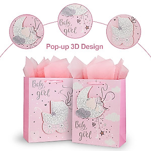 12.6" Large Baby Shower Birthday Gift Bags for Girl with Tissue Papers 2-Pack (Pink)