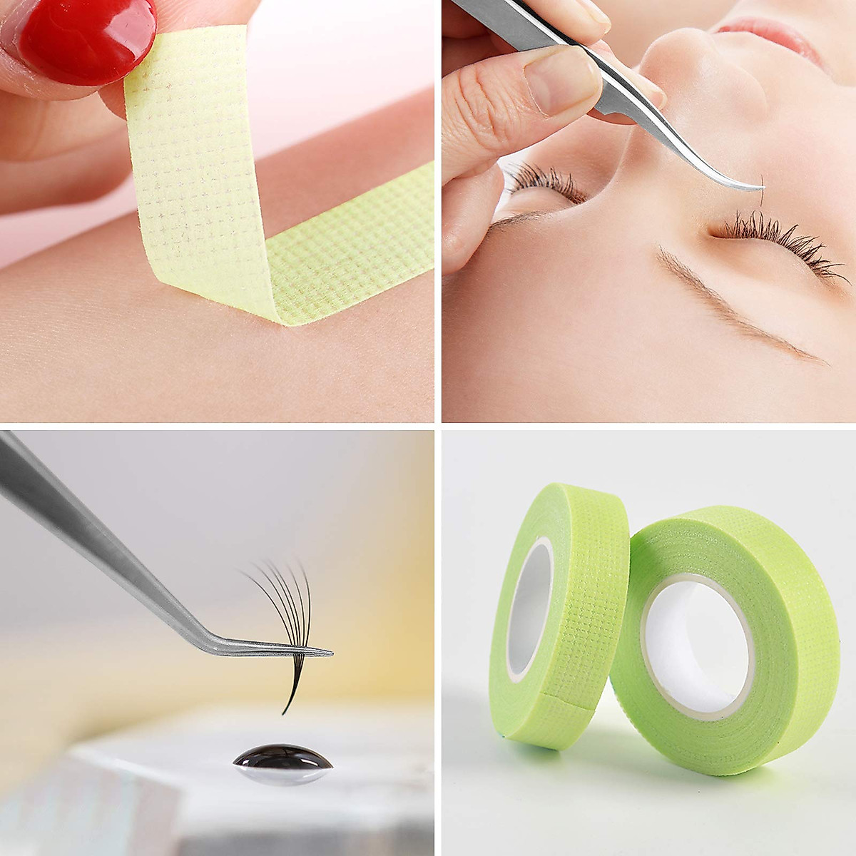 3 Rolls Eyelash Extension Tape with Tweezers, SourceTon Micropore Fabric Tape Roll 0.5 Inch 10 Yards (Green) with 3 PCS Straight Pointed and Curved Tweezers (Silver)