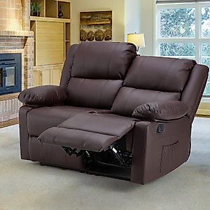 YODOLLA Recliner Loveseat with Heat and Massage Function, Wall-Hugger Reclining Sofa 2-Seater Modern Manual Control Faux Leather RV Couch, Theater Lounge Seat with Side Pockets, Brown