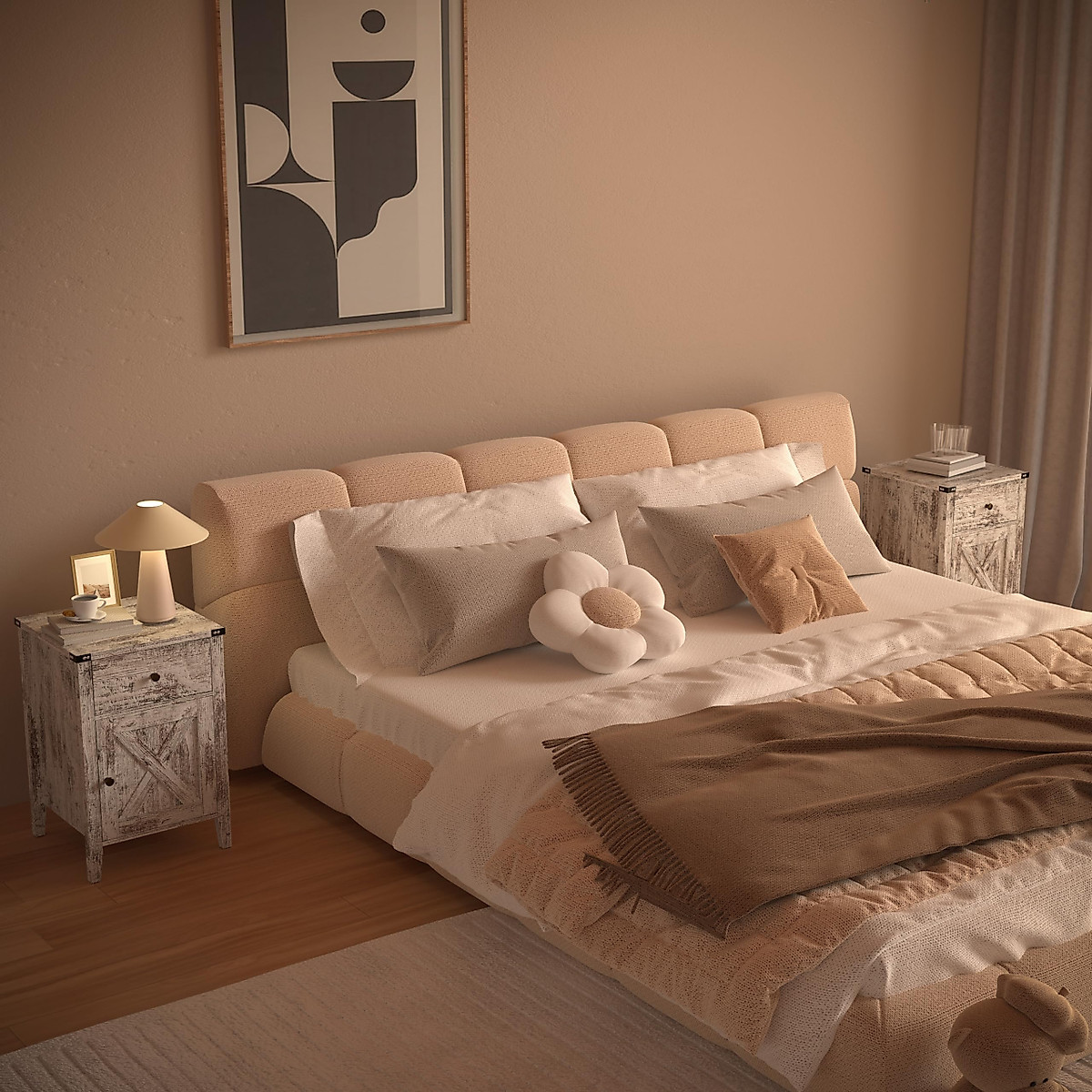 Betterhood Barnwood Rustic Farmhouse Nightstand Set of 2, Side Table with Barn Door and Drawers, Weathered Oak Style End Table for Bedroom, Grey Wash White (no Charging Station, 2)