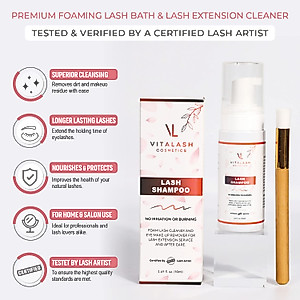 Vitalash Cosmetics Lash Extension Cleanser - Lash Shampoo for Lash Extensions - Lash Foam Cleanser for Extensions - Safe & Irritation Free - 50ML/1.69FL.oz + Brush
