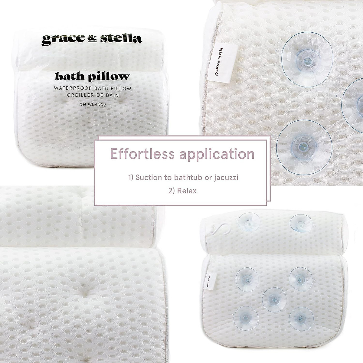 Bath Pillow - Extra Comfortable Cushioned 4D Bathtub Pillow - Bath Pillows for Tub, Jacuzzi, Hot Tub Pillow for Back and Head and Neck Support by Grace and Stella