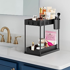 EWU 2 Pack Under Sink Organizers and Storage, 2 Tier Under Sliding Cabinet Basket Organizer Drawer, Multi-purpose Storage Shelf for Kitchen Bathroom Bedroom Office with Hanging Cup and 5 Hooks, Black