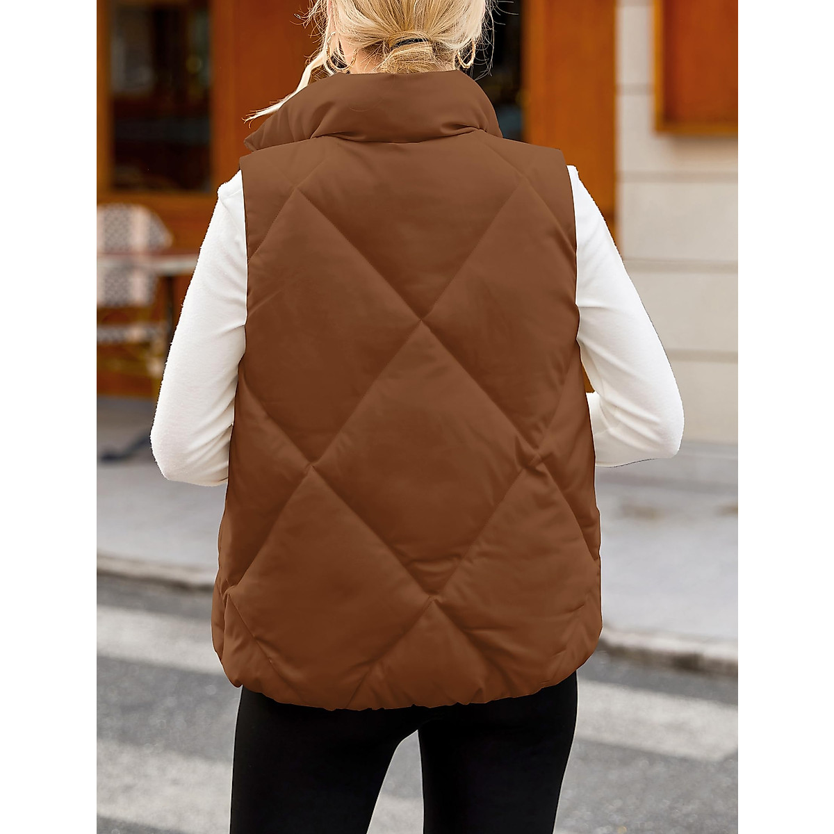 MEROKEETY Womens Puffer Vest Sleeveless Zip Up Quilted Coat Lightweight Stand Collar Gilet Jacket With Pockets Brown Medium