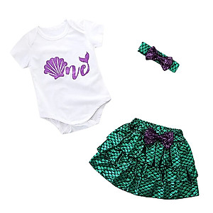 Dressy Daisy 1st First Birthday Mermaid Romper Bodysuit Onesie Outfits for Infant Baby Girls Fancy Party Dress Up Skirt Set with Bowknot Headband Size 12-18 Months 322