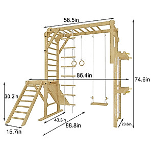 Avenlur Grove 8-in-1 Indoor Jungle Gym with Gymnastic Rings, Climbing Rope, Swing, Slide, Monkey Bars, Rope Wall Net, and Wooden and Rope Ladder - Jungle Play Set for Kids Ages 2-11 Years Old