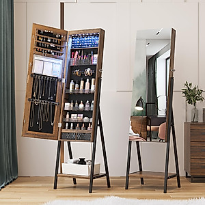 Lvifur LED Jewelry Armoire Freestanding, 3 Color Dimmable 47.2'' Full Length Mirror Large Capacity Jewelry Organizer Armoire, Lockable Floor Standing Mirror All in One for Bedroom (47.2'' Wooden)