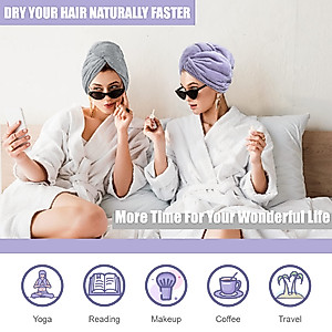 Poyday Microfiber Hair Towel Drying Wrap: 2Pack Head Dry Towel Twist Drying Turban Anti Frizz Long Quick Rapid Absorbent Women Wet Plopping Curly Hair Towel Twisty for Girls Kids Button(Gray/Purple)
