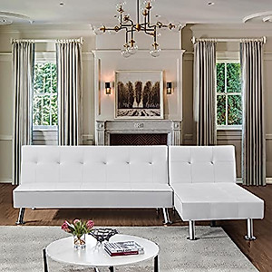 Yaheetech Convertible Sectional Sofa Couch Modern Faux Leather Couch with Chrome Metal Legs L Shaped Sofa Bed with Chaise for Living Room White