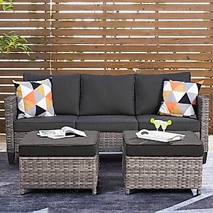 ovios 3 Pieces Patio Furniture Set Outdoor Sofa with Ottomans, Wicker Rattan Couch with Footrests Comfy Cushions, All Weather Sofas Couches for Porch Backyard Garden, Black
