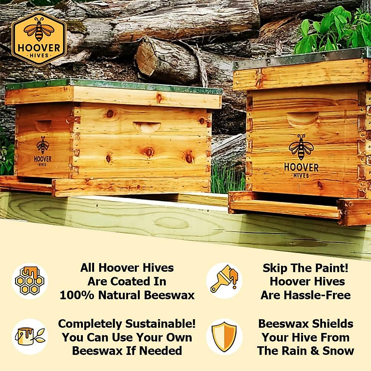 Hoover Hives 8 Frame Langstroth Beehive Dipped in 100% Beeswax Includes Wooden Frames & Waxed Foundations (1 Deep Box, 1 Medium Box)