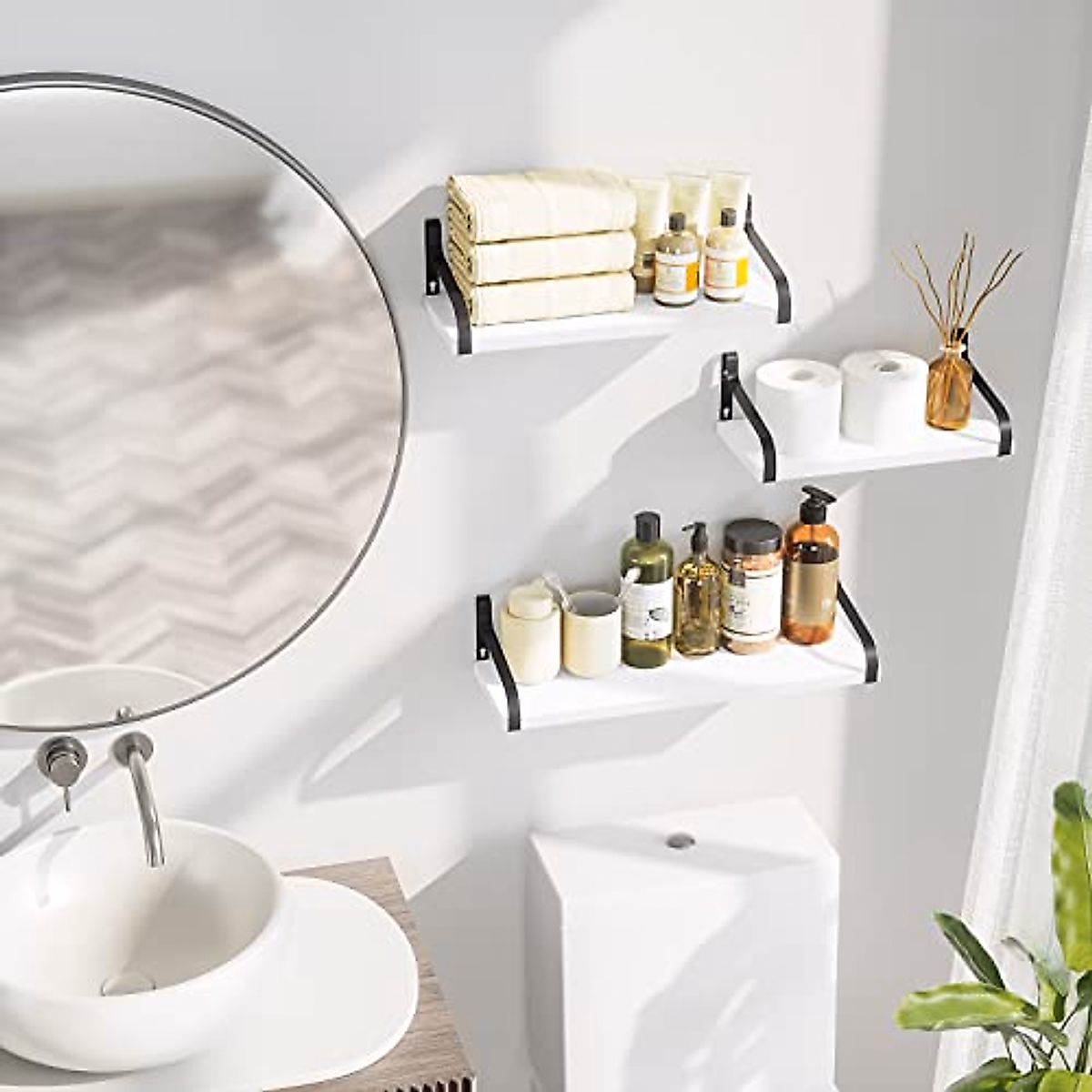 Love-KANKEI Floating Shelves Wall Mounted Set of 3, Large Wood Wall Shelves for Storage, Rustic Shelves for Display Bathroom,Bedroom,Living Room,Kitchen,Office and More White