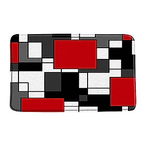 YSATNSFT Abstract Geometric Bath Mat Black Red Gray and White Geometry Squares 3D Contemporary Fashion Simple Home Bathroom Shower Mat Kitchen Rug Microfiber Memory Foam 18x30 Inches