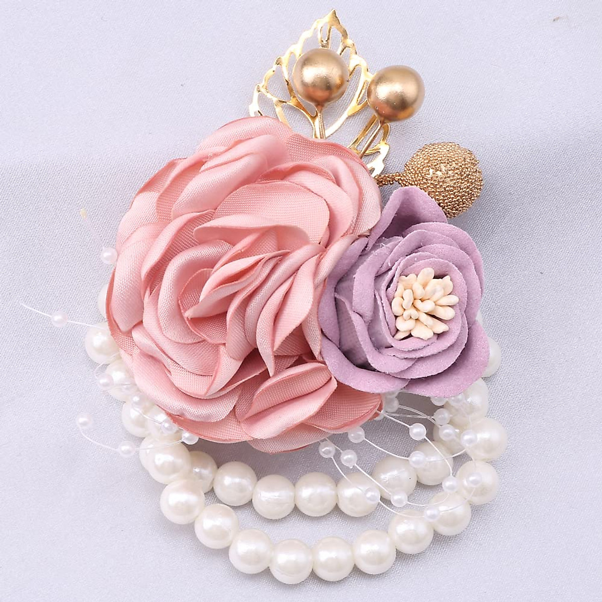 GoldenPlayer Wedding Bridal Wrist Flower Girl Bridesmaid Wrist Corsage Decor for Prom Party Wedding (Pink-Purple, Pack of 6)