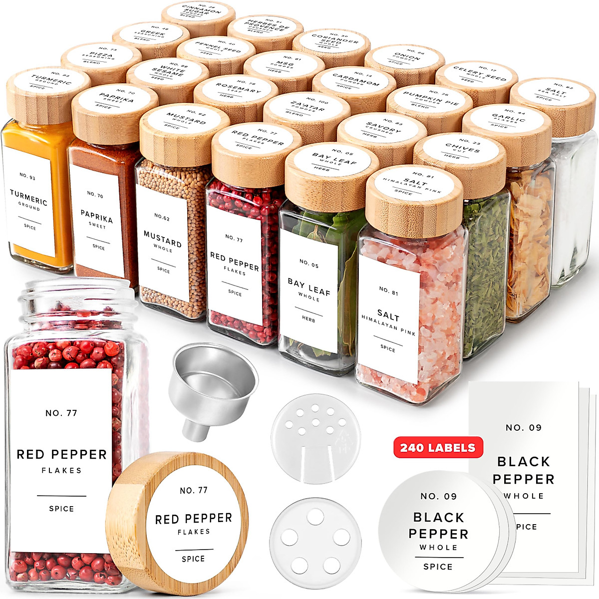 EDELHAUS Glass Spice Jars with Label and Bamboo Lids (24 x 4oz) Spice Containers with 240 Labels, Shaker Inserts, Steel Funnel, Empty Square Seasoning Organizer for Spice Rack, Cabinet, Drawer
