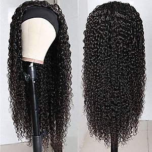 XSY Headband Wig Human Hair Deep Wave 16 Inch Wig Glueless Headband Wig Deep Wave None Lace Front Wigs Human Hair for Black Women 150% Density Wig Curly Hair Natural Color