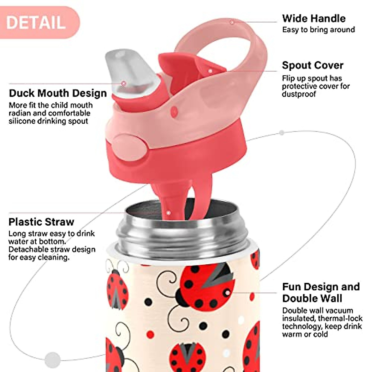 ALAZA Cute Ladybug Polka Dot on Pink Kids Water Bottles with Lids Straw Insulated Stainless Steel Water Bottles Double Walled Leakproof Tumbler Travel Cup for Girls Boys Toddlers 12 oz,Pink