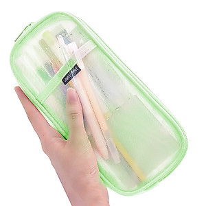 Sonuimy Clear Mesh Pencil Case Pouch, Clearly Visible Grid Pen Cases Organizer For Adult, Zipper Transparent Stationary Makeup Bag For Travel Office College-Green