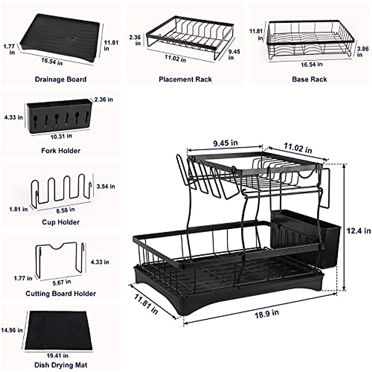 etship Dish Drying Rack with Drainboard Set, Stainless Steel 2 Tier Large Dish Racks for Kitchen Counter, Dish Drainer with Utensil Holder, Dish Strainers with Extra Drying Mat (Black)