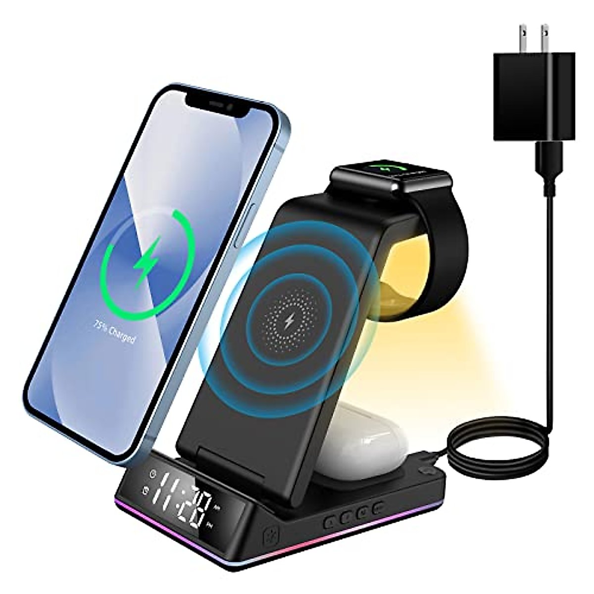 AEQ 3 in 1 Wireless Charger for Apple, Wireless Charging Station for Apple Multiple Devices with Clock/Alarm/Night Light for Apple Watch 8 7 6 SE 5 4 3 2, Airpods 3/2/Pro,iPhone14 13 12 11 Pro Max X