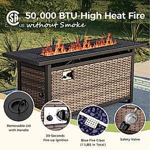 MIXPATIO Patio Furniture Set, 8 Pcs Wicker Outdoor Conversation Set, 4 x Leg Chairs, 1 x 3 Seater Sofa and 2 x Ottoman with 4" Thick Cushion and 56" Fire Pit Table, Beige