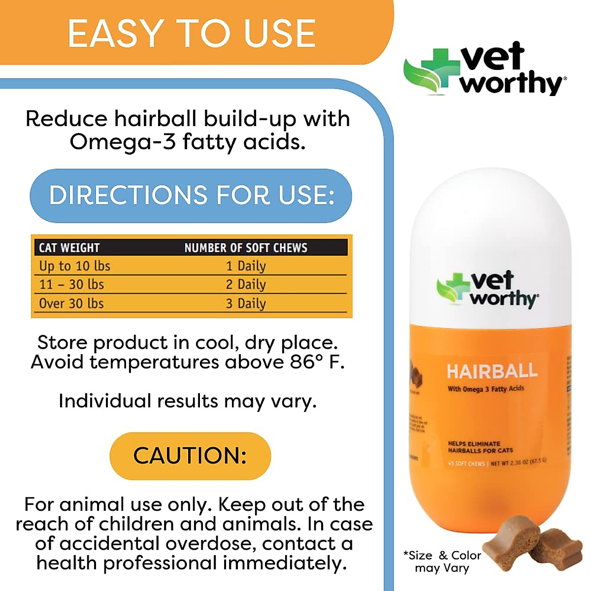 Vet Worthy Hairball Soft Chew for Cats Hairball Remedy for Cats for Digestive Aid and Hairball - Cat Supplement with Omega 3, Psyllium Husk, Brewers Yeast, Wild Alaskan Salmon Oil-45 Soft Chews