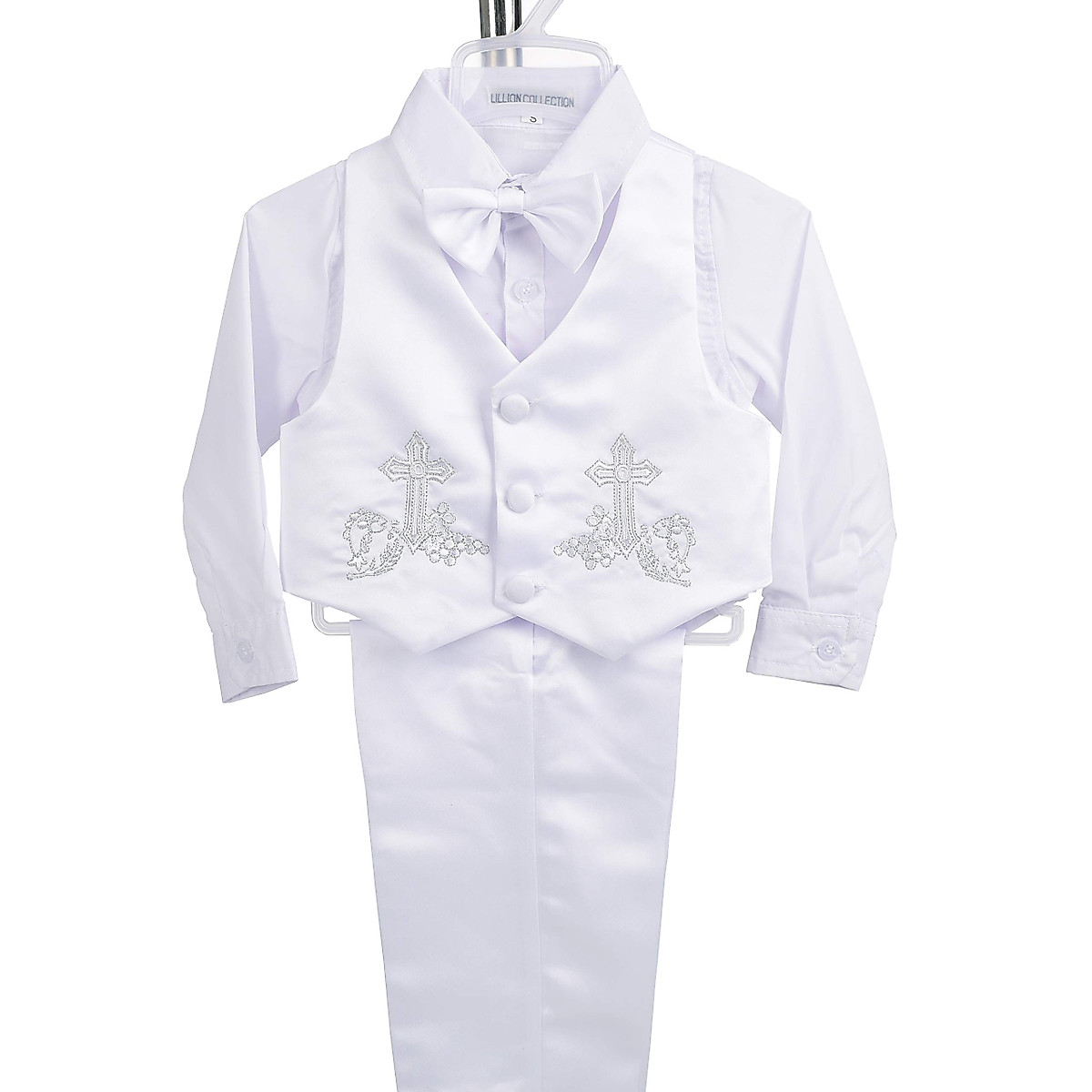 Dressy Daisy Baby Boy Satin Baptism Clothes Christening Outfit with Bonnet 5 Pieces Set Formal White Suit Size 6-9 Months Style A