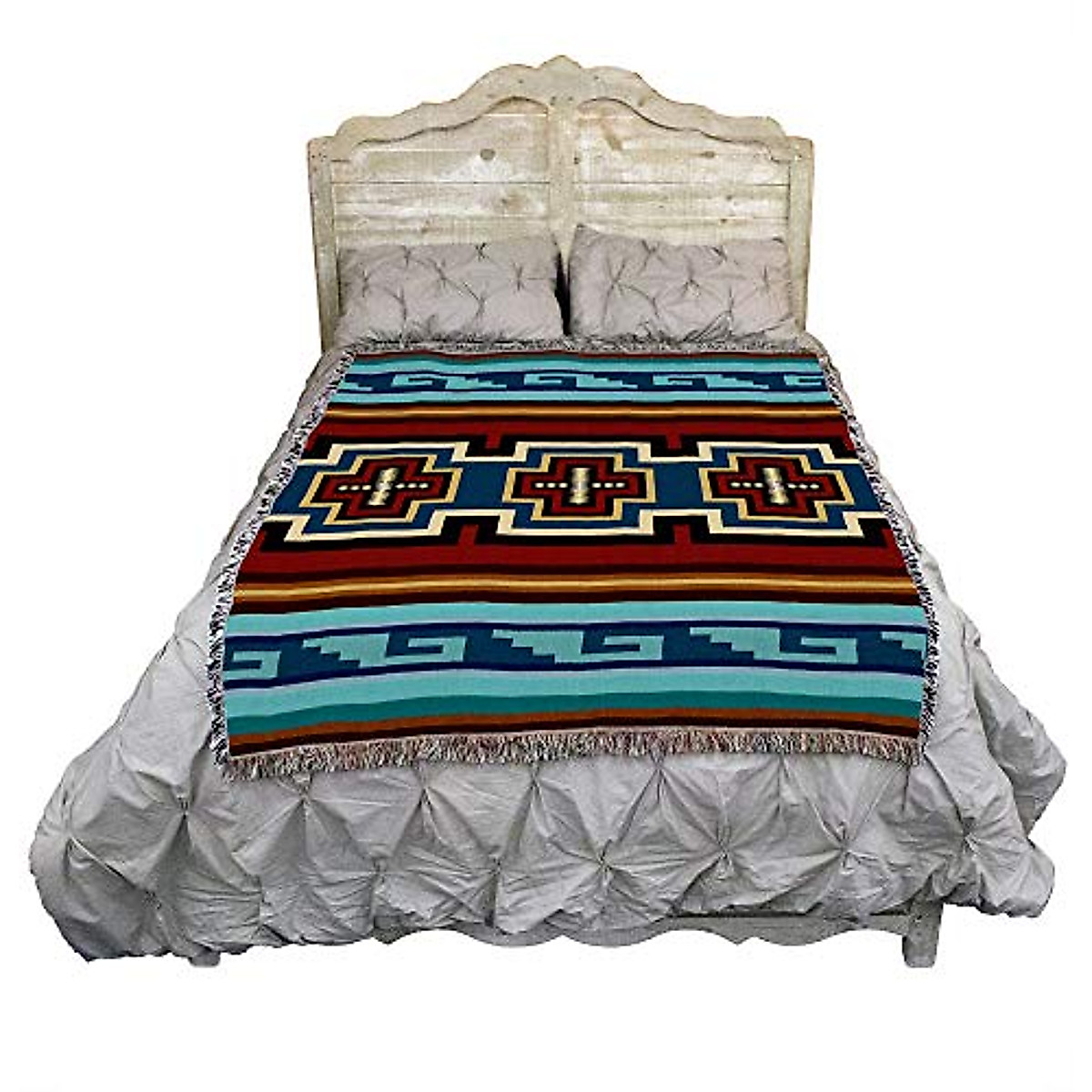 Pure Country Weavers Sarkoy Turquoise Blanket - Southwest Native American Inspired - Gift Tapestry Throw Woven from Cotton - Made in The USA (72x54)
