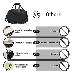 ECOHUB Small Gym Bag Travel Duffle Bag with Wet Pocket & Shoes Bag Waterproof Personal Item Bag Weekender Bag for Men and Women Overnight Shoulder Bag with Laptop Compartment (Black)