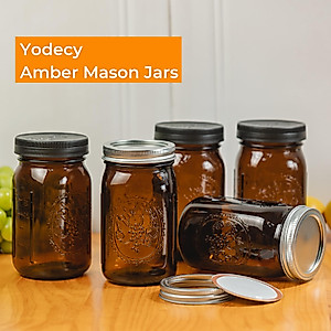 Yodecy 12 Pack 32 oz Amber Wide Mouth Mason Jars with Airtight Lids and Black Plastic Mason Jar Lids, Amber Canning Jars with Lids